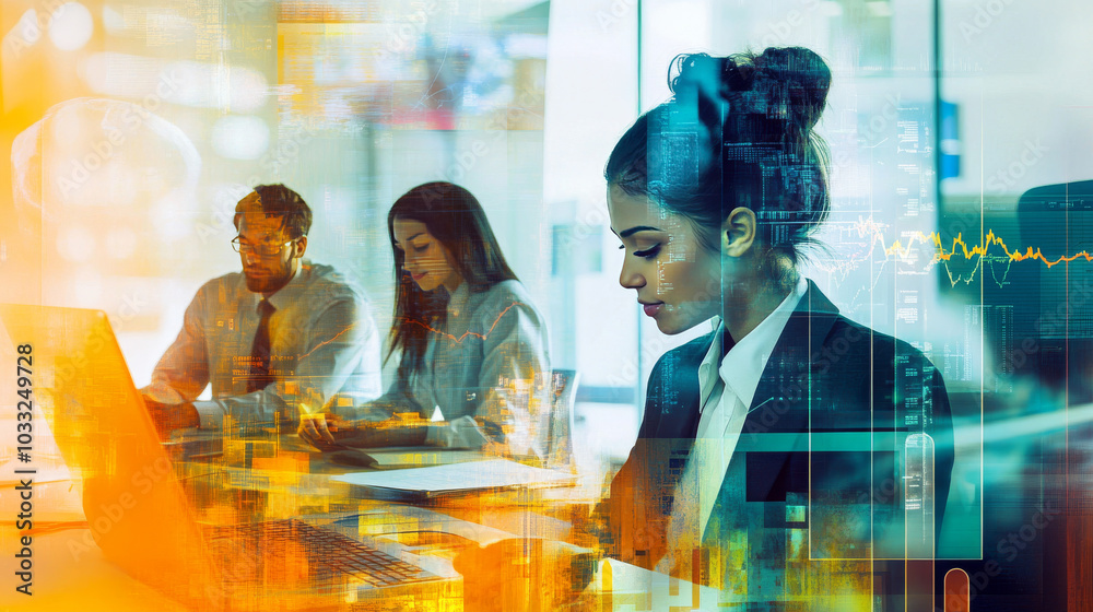 A modern art design featuring photos of busy young professionals ...