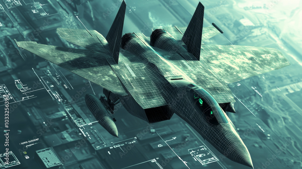 Ilustración de Stock A picture of a jet fighter with a screen showing ...