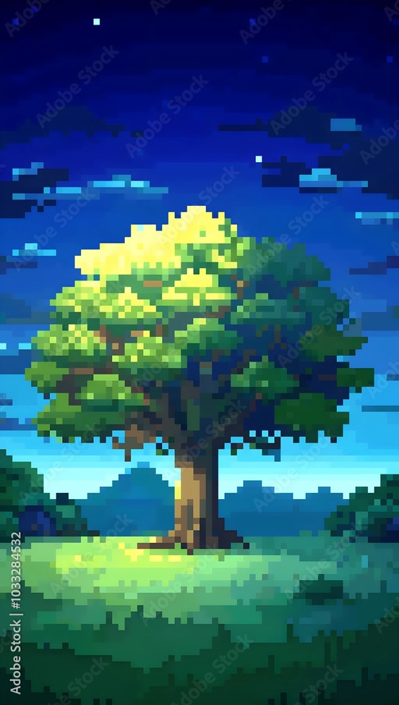Majestic oak tree in meadow at night pixel art background. 8-bit game ...