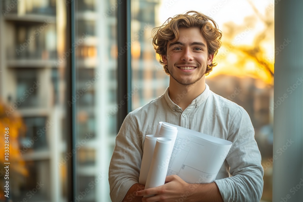 Smiling architect with rolled blueprints in a modern office, ready for ...
