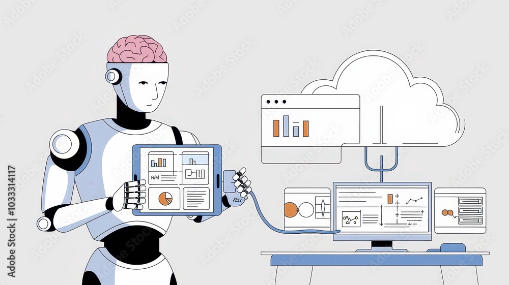 Robotic Arm Holding Interactive Digital Dashboard with Data Analytics Charts Graphs and Reports ...