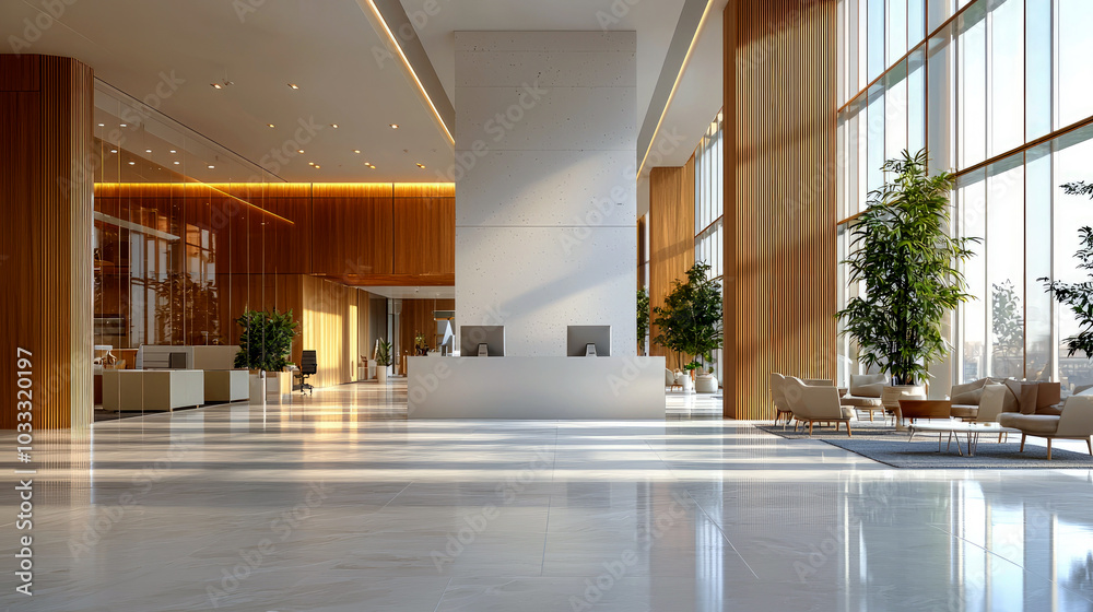 Modern lobby with large windows, wooden accents, and seating areas for ...
