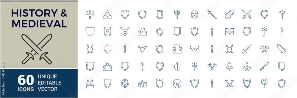 Medieval icons set. Historical icon collections. Simple line art style ...