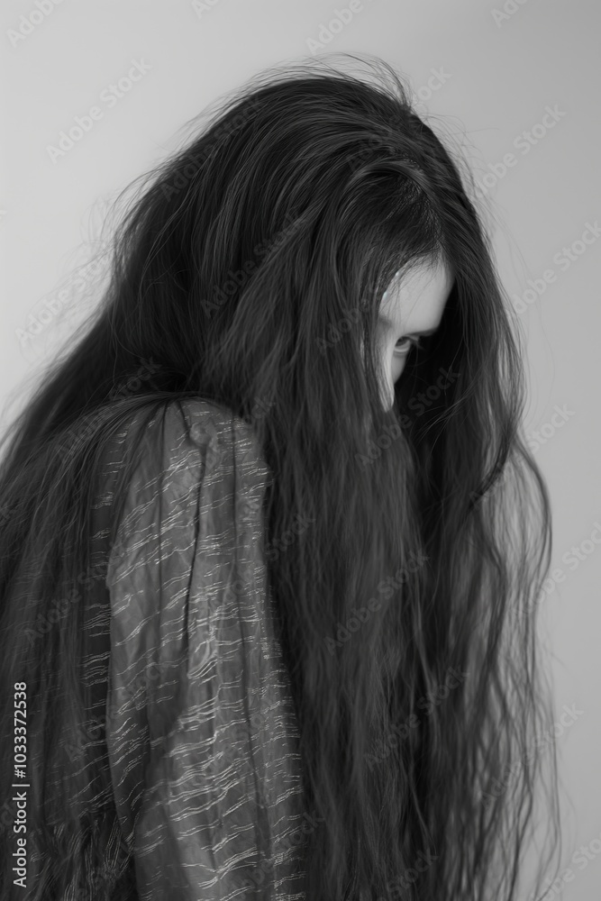 Black and white image of a woman with long, flowing hair covering her ...