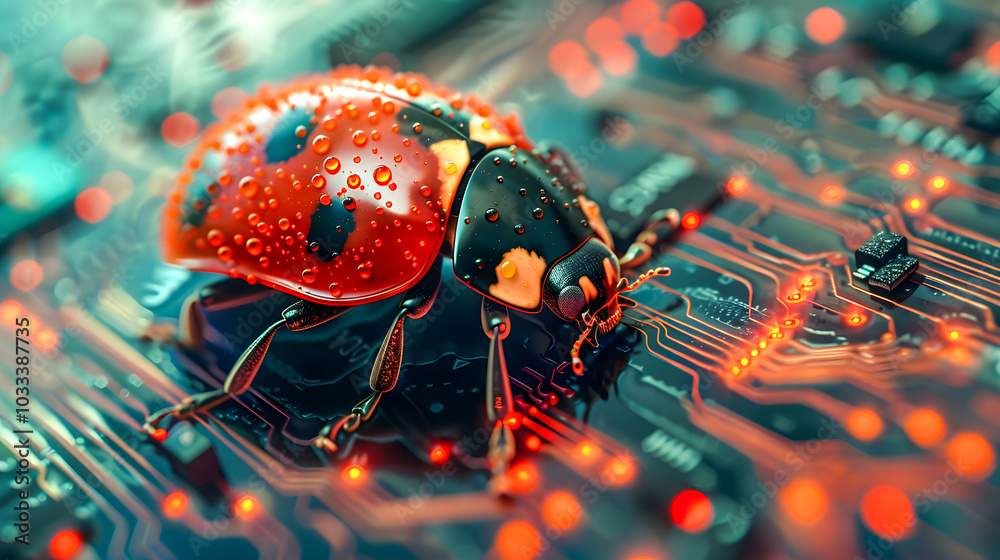 A visual representation of a ladybug on computer circuits symbolizes the concept of computer ...