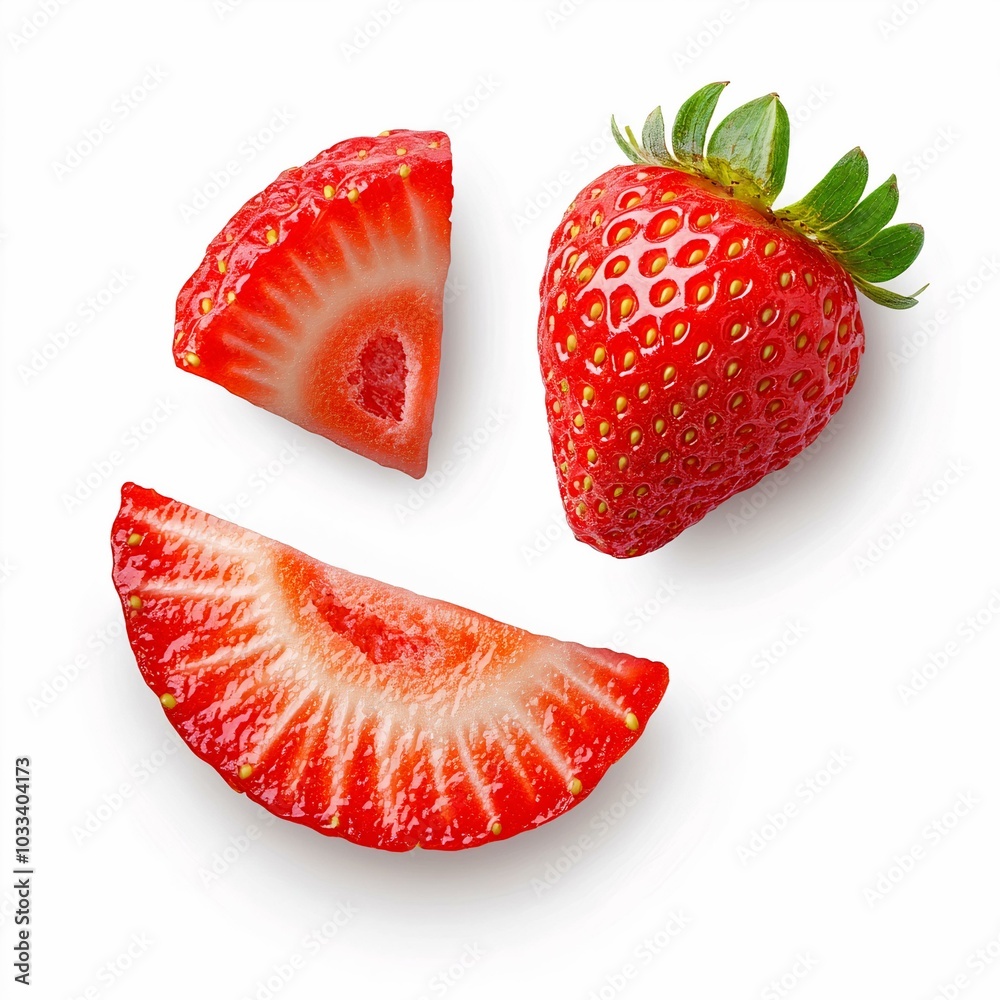 Strawberry slice isolated. Cut strawberry top view on white background ...