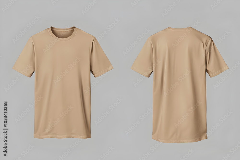 Sand color T-shirt Mock-up blank template front and back view on gray ...