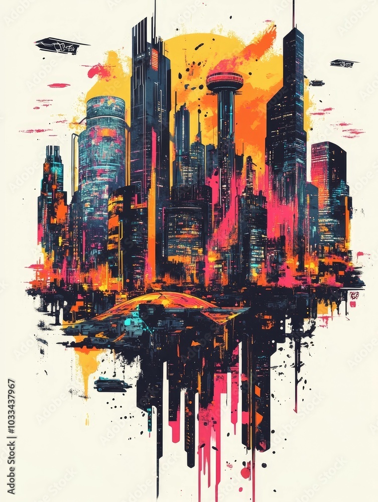 Vibrant digital showcasing a futuristic cityscape with a dynamic ...