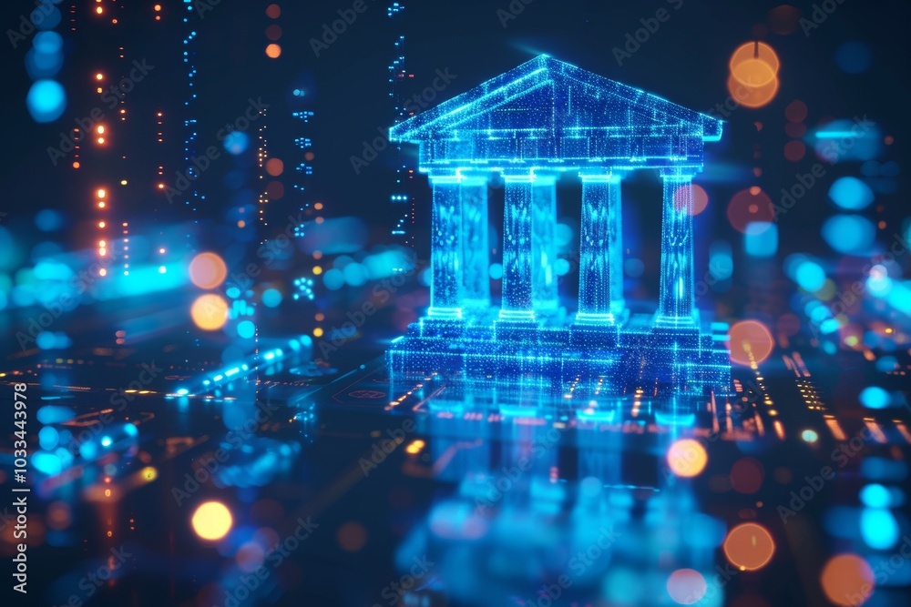 Glowing blue digital bank icon, business holding virtual bank mock up ...