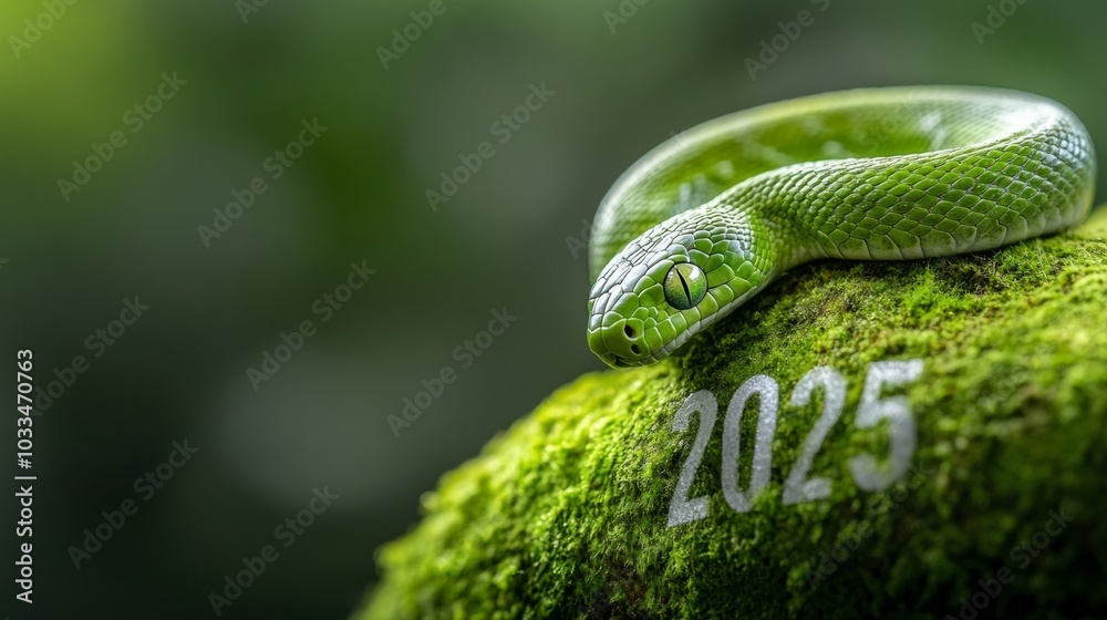 Green snake with yellow eyes is laying on a log. The snake is looking ...