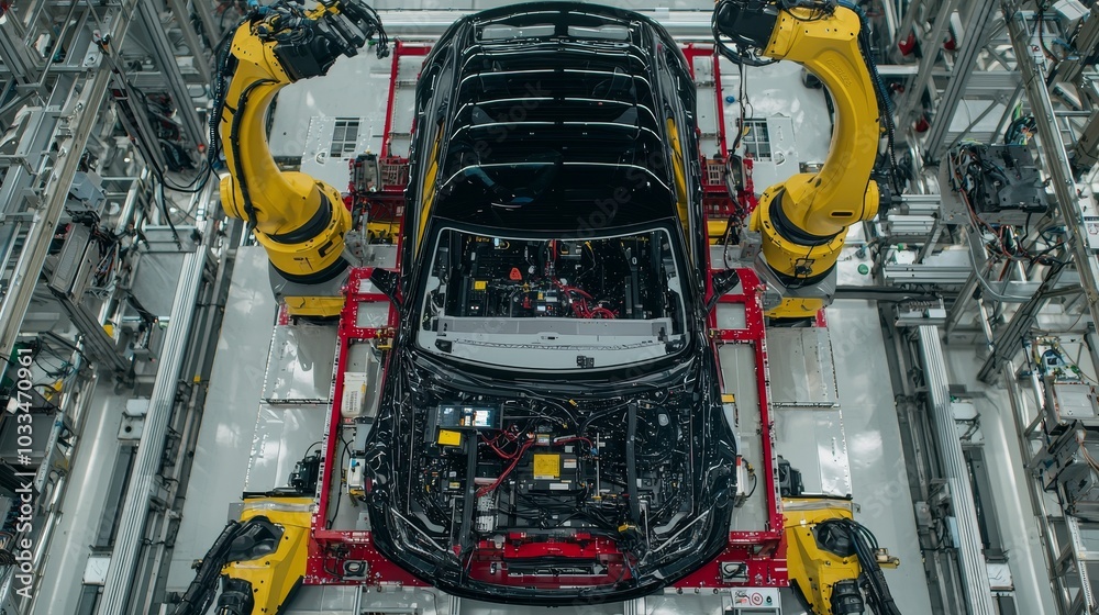 Autonomous robot arms assembly line manufacturing green energy electric ...