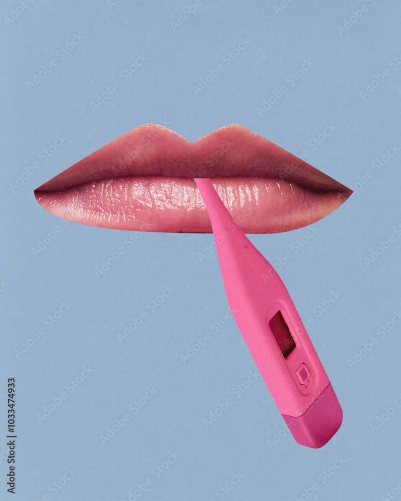 Contemporary art collage. Thermometer interacting with lips, showing ...