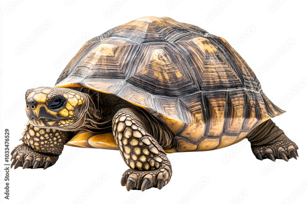 Greek tortoise displaying detailed shell patterns, shown on a white ...