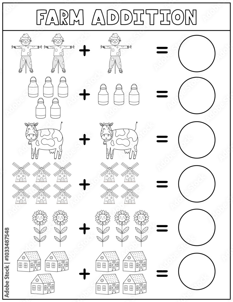 Стоковое векторное изображение «Farm addition black and white worksheet ...