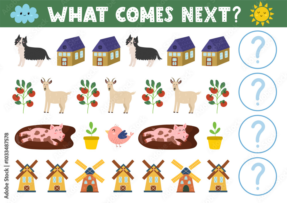 What comes next activity page for kids with cute farm characters ...