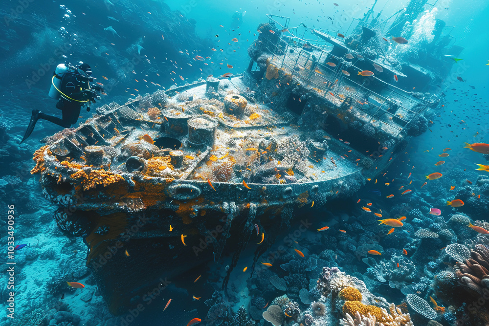 Professional diving with sunken ancient ship, scuba diver archaeologist ...