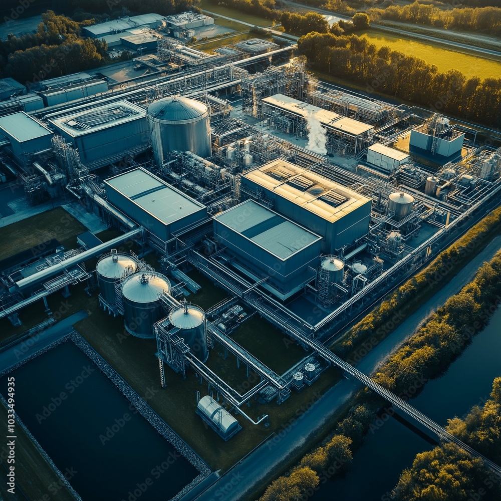 Extremely sharp details with crisp edges of High-tech fuel refinery plant, complex pipelines ...