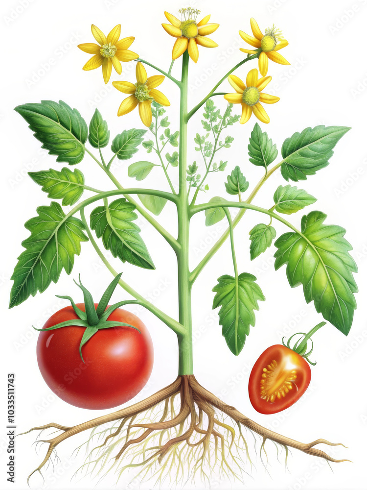 Detailed botanical illustration of tomato plant life cycle and anatomy ...