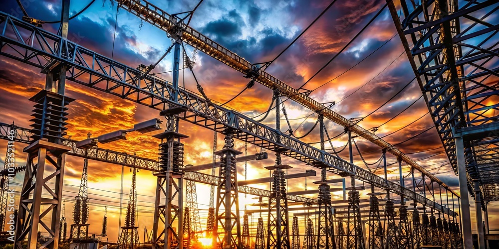 Captivating Low Light Close-Up of Metal Trusses and Insulators at ...