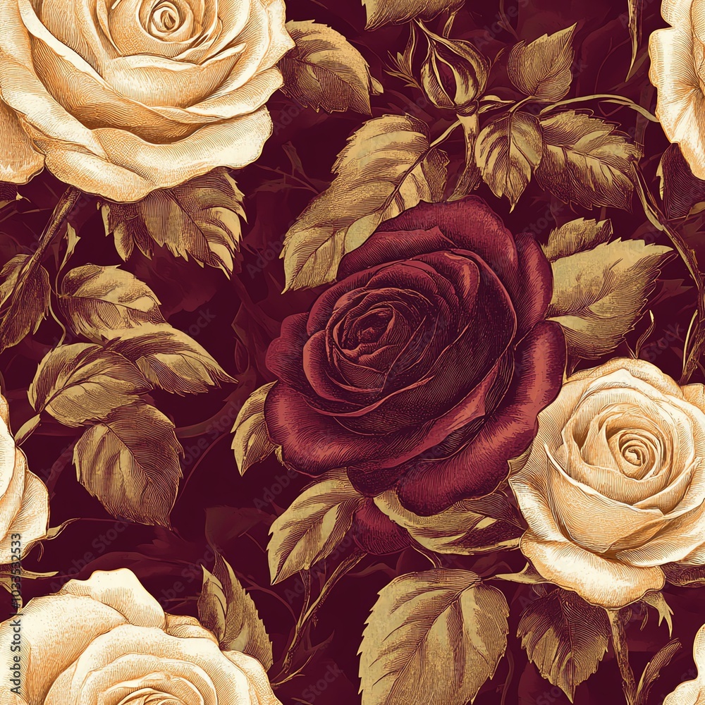 Intricately detailed roses with soft gold outlines, elegantly arranged ...