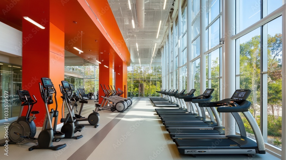 Modern gym interior with treadmills, elliptical trainers and stationary ...