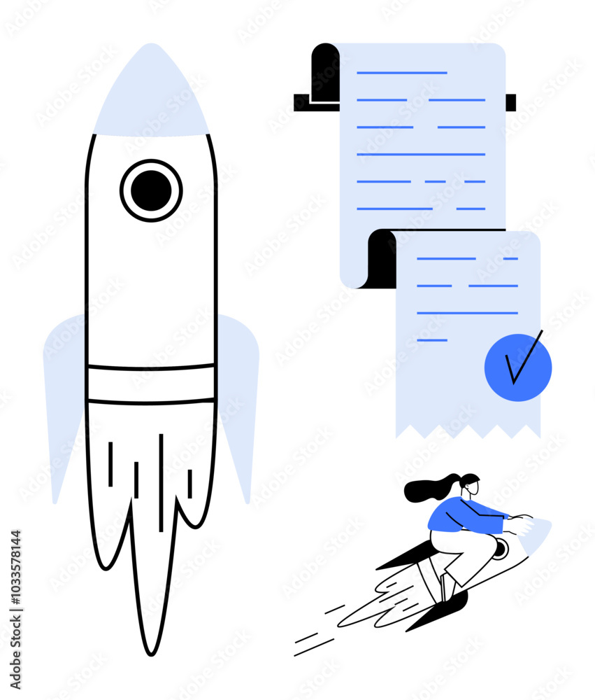 Rocket launching with document checklist featuring checkmark and person ...