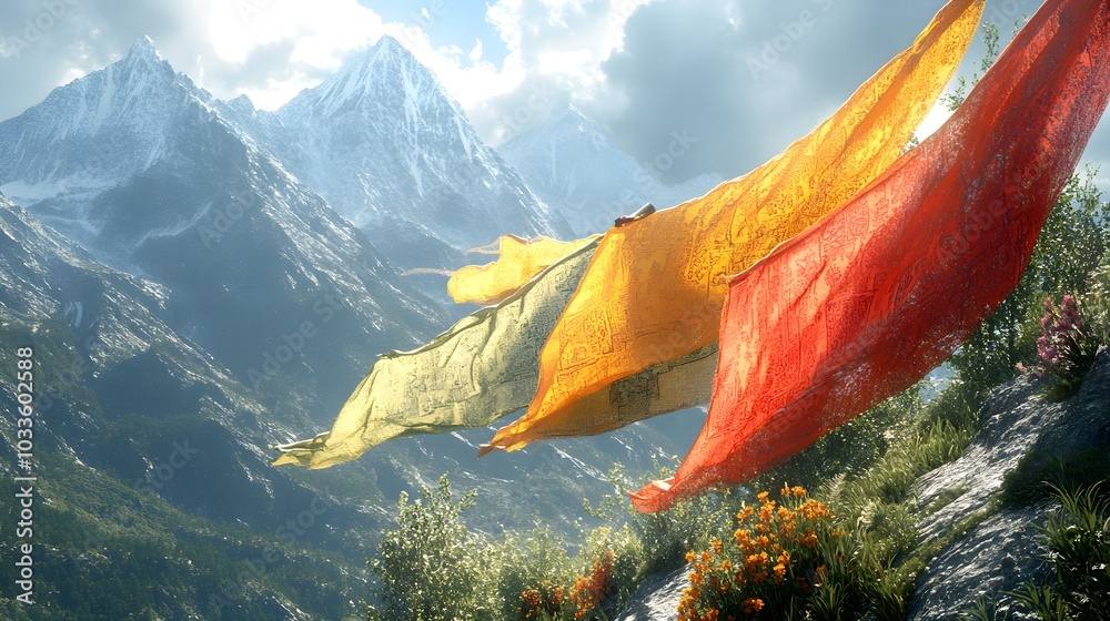 A meditative scene of Tibetan prayer flags flapping gently in the cold ...
