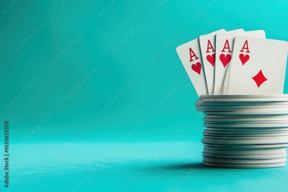 Several playing cards are balanced in a pyramid formation on a clean ...