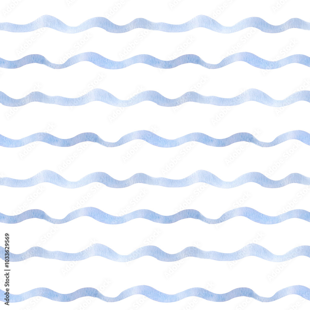 Horizontal wave blue lines in watercolor seamless pattern isolated ...