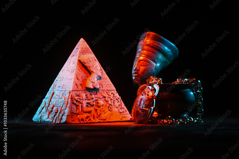 Egyptian pyramid and bust of queen Nefertiti on the dark background ...
