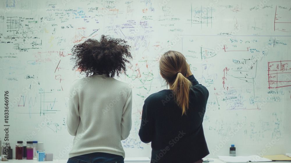 Brainstorming Session: Two diverse women collaborate on a whiteboard ...