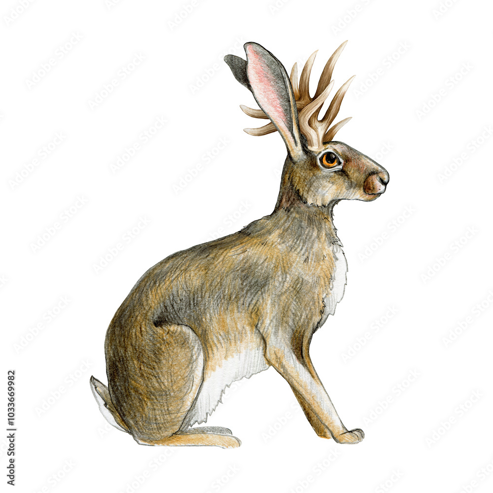Jackalope myth rabbit creature watercolor illustration. Hand drawn wild ...