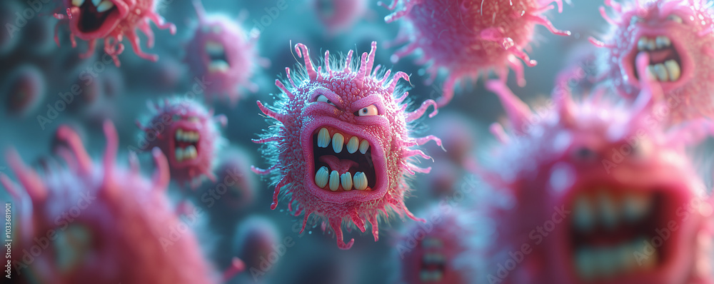 Aggressive bacteria with angry faces, representing the microscopic ...