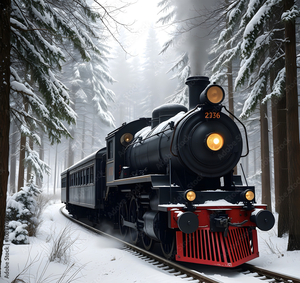 Old steam locomotive. Vintage black train moves through snowy forest at ...
