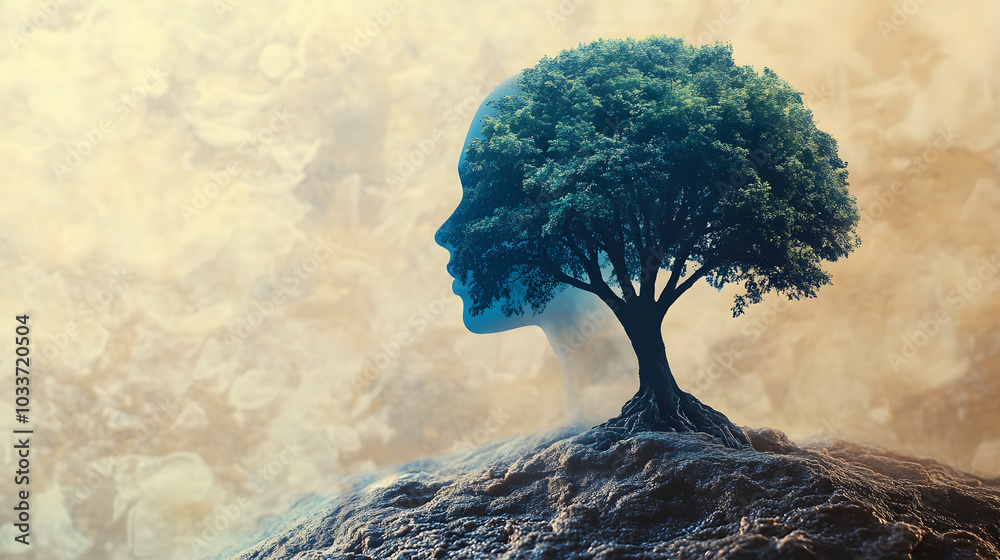 Tree growing in human mind, mental health concept, positive attitude ...