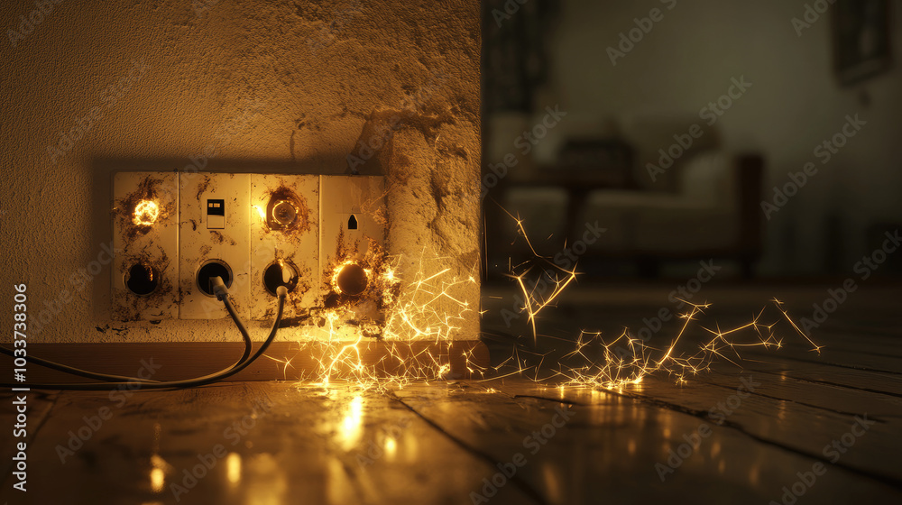 Overloaded electrical outlet with multiple plugs causing a short ...