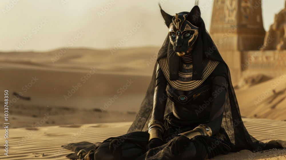 Ancient Egyptian cat Bastet goddess statue in desert with pyramid ...