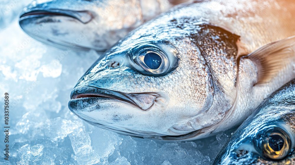 Whole fresh fish lying on ice with open eyes, indicating freshness ...