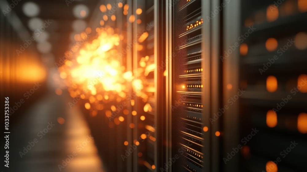An intense blaze from a server rack lights up a dark data center ...