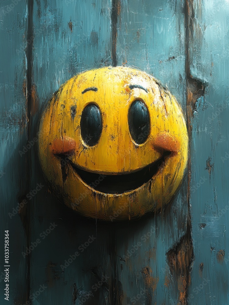 Disturbing Yellow Smiley Face on Weathered Wooden Plank Stock ...