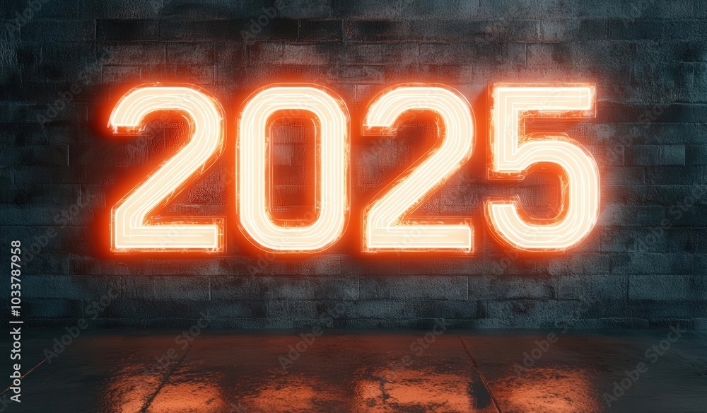 neon orange and white text "2025" on plain background, 4D typography ...