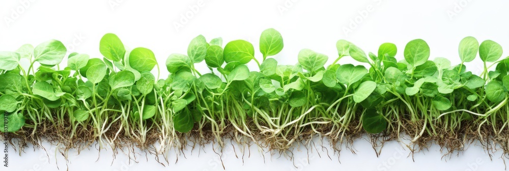 ROOTS WITH LEAVES OF FRESH SOY. GERMINATED SOYBEAN SPROUTS on white ...