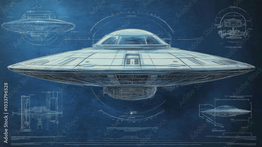 Blueprint sketch of an alien spaceship, also known as a flying saucer ...