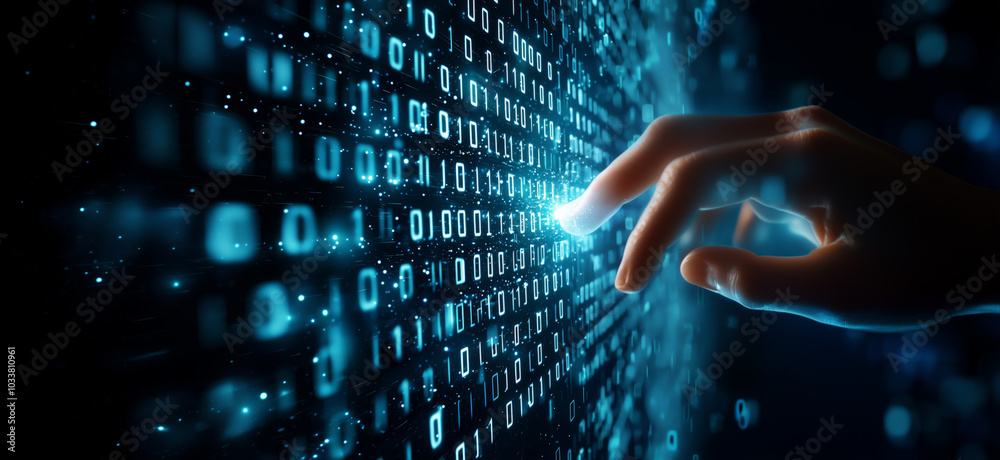 Human hand interacting with a wall of binary code, symbolizing digital ... Human hand interacting with a wall of binary code, symbolizing digital ...