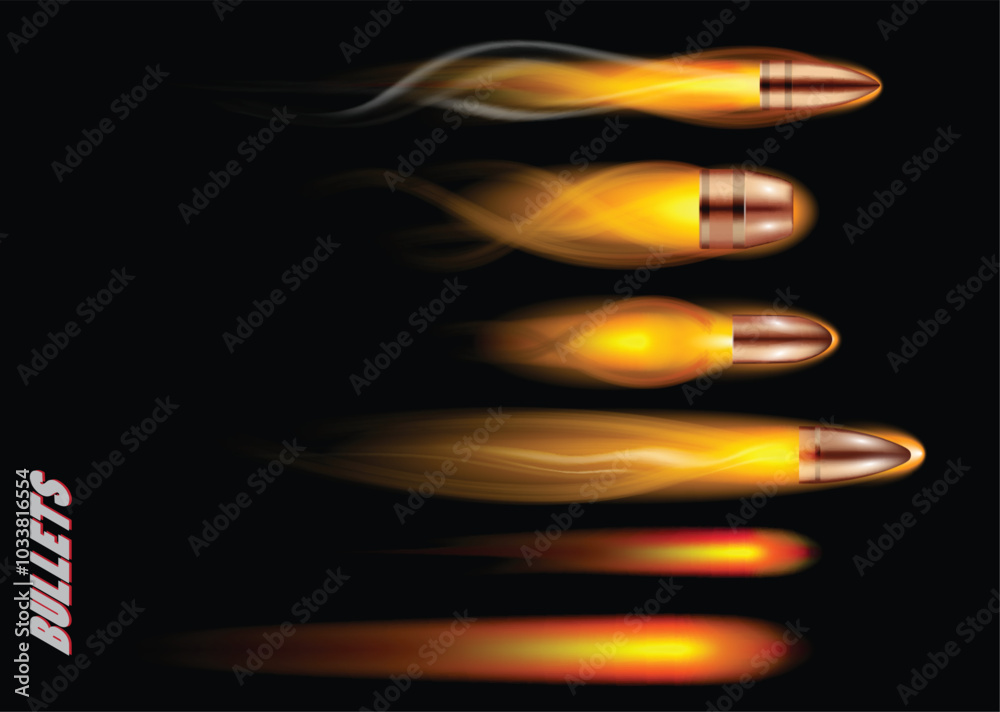 Set illustration of five bullets captured in various stages of motion ...