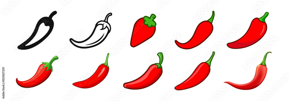 Red hot natural chili pepper icons set. Vector Asian and Mexican spicy ...