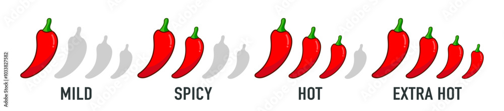 Spice level marks: mild, spicy, hot and extra hot. Symbol of pepper ...