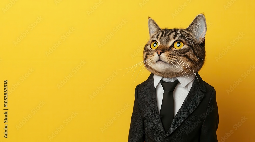 Cat dressed in a sharp business suit, standing confidently with paws ...