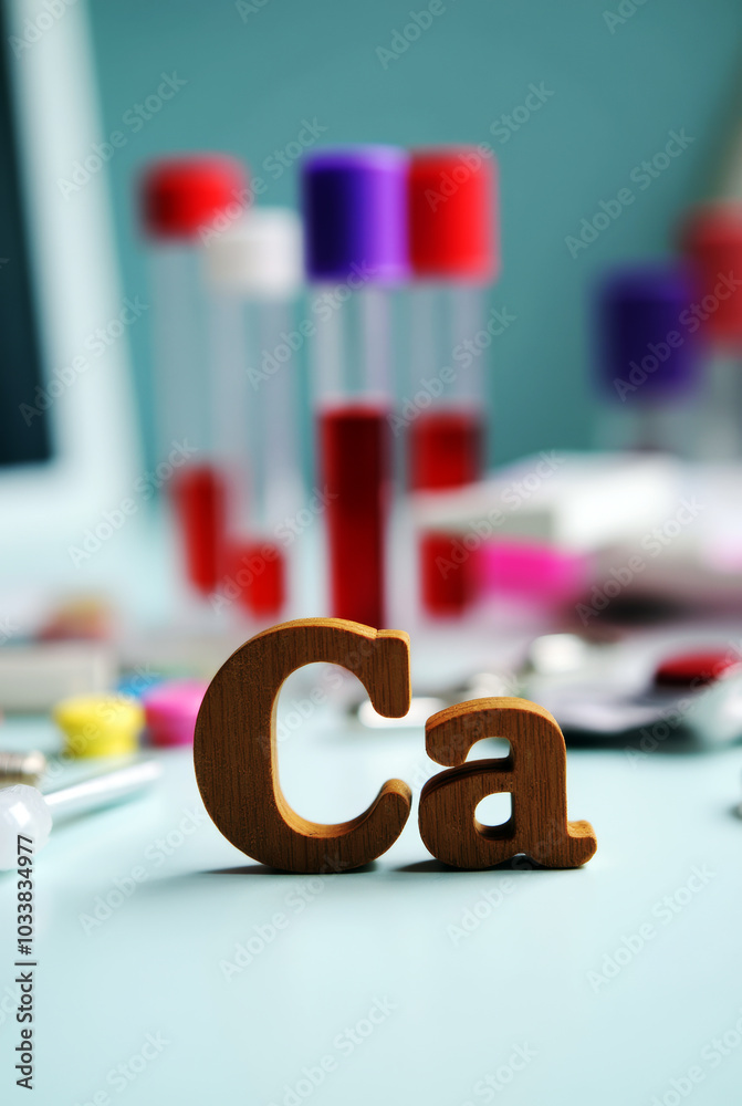 Foreground 'Ca' letters symbolizing calcium amid medical tools and test ...