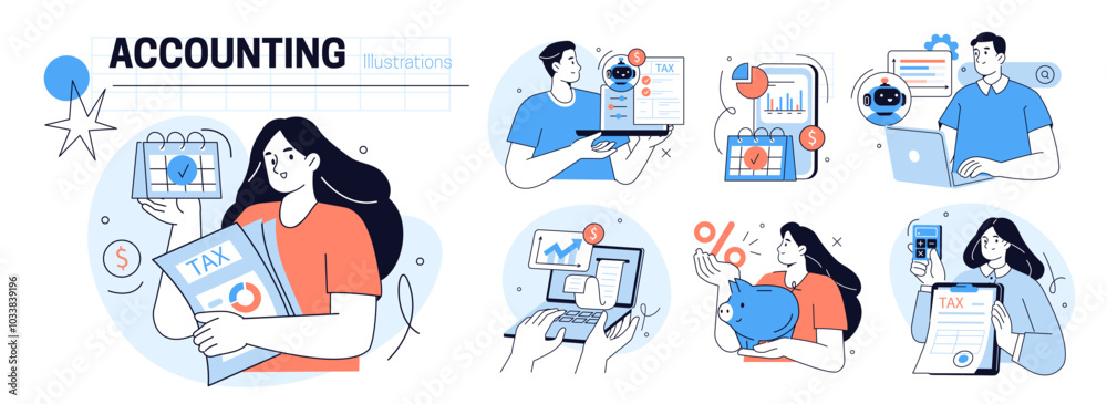AI technology in finance and accounting set. Collection of characters ...